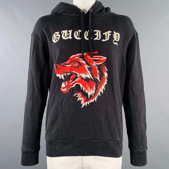 Gucci | Sweaters | Gucci Guccify Wolf Black Red White Applique Cotton ...